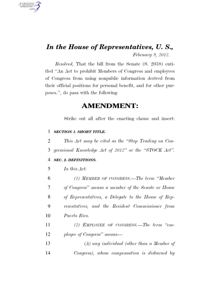 STOCK Act House Version | PDF | Insider Trading | Securities Regulation ...