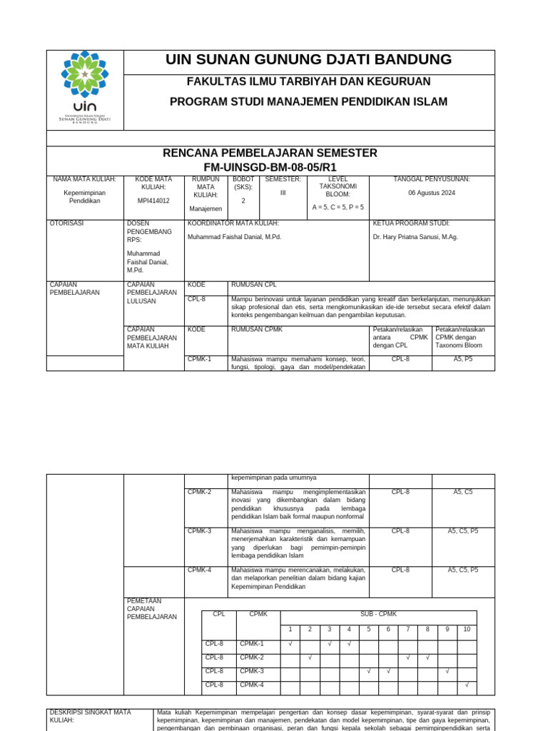 Template RPS UIN SUKA YOGYAKARTA 2024 | PDF