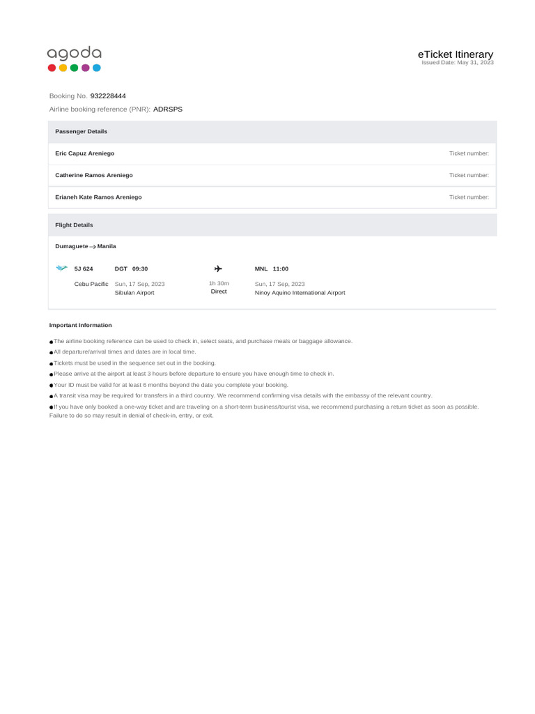 Agoda Booking ID 932228444 Eticket | PDF