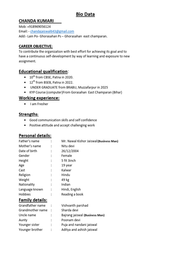 Fresher's Resume: Chanda Kumari | PDF