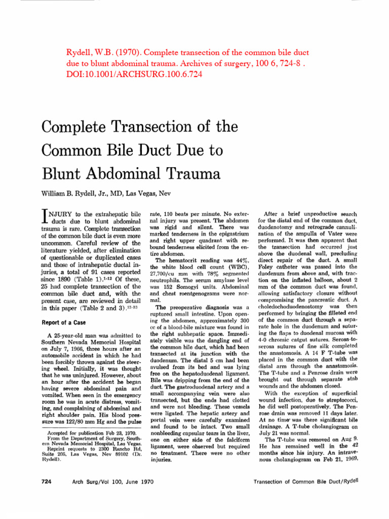 Rydell1970 - Complete Transection of The Common Bile Duct Due To Blunt ...