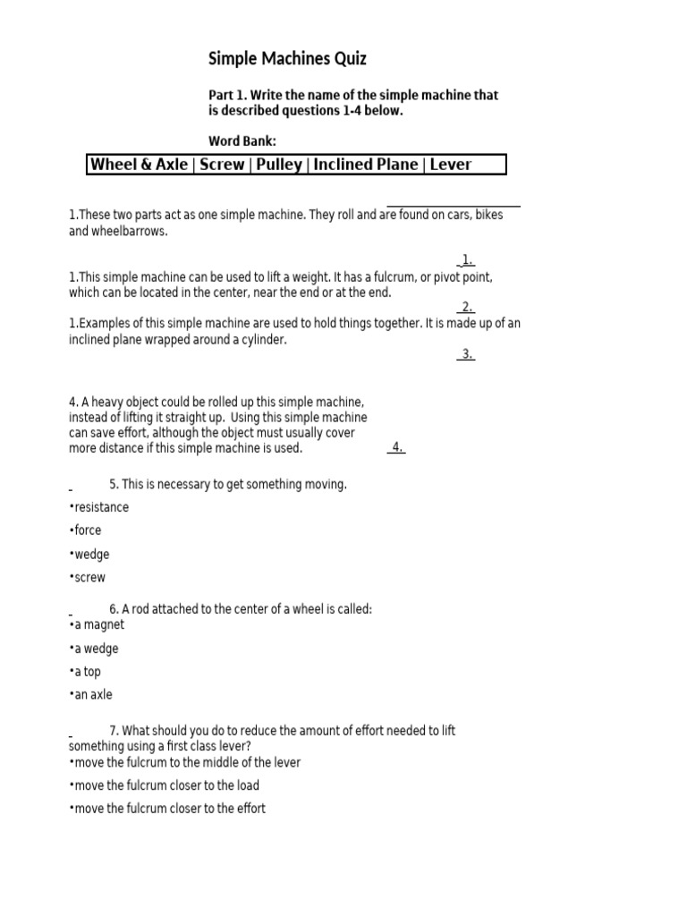 Simple Machines Quiz | PDF | Lever | Machines