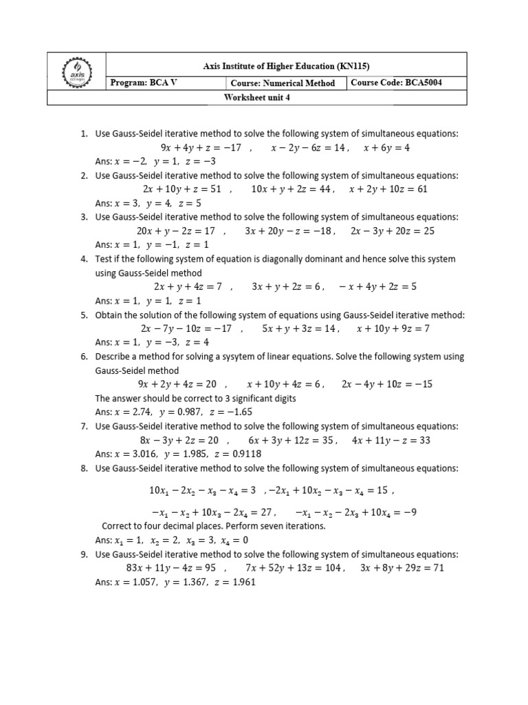 WORKSHEET BCA5004 NUMERICAL METHOD Unit 4 | PDF | Algorithms | Mathematical Objects