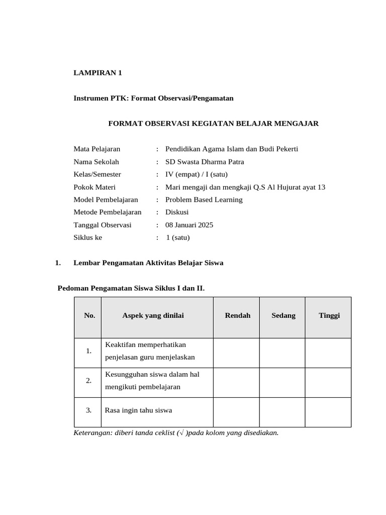 INSTRUMEN PTK Siklus 1 | PDF