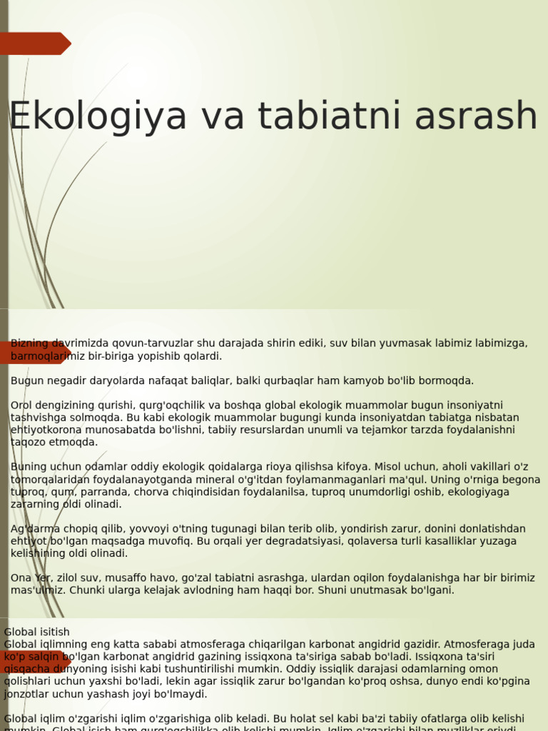 Ekologiya Va Tabiatni Asrash | PDF