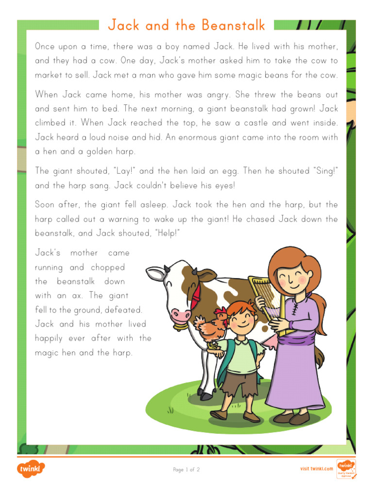 Second Grade Jack and The Beanstalk Reading Comprehension Activity ...