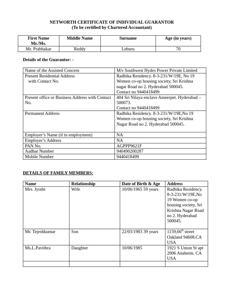 Net Worth Certificate Format | PDF | Financial Accounting | Money