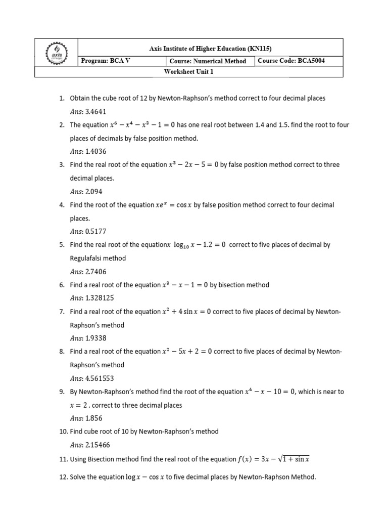 WORKSHEET BCA5004 NUMERICAL METHOD Unit 1 | PDF