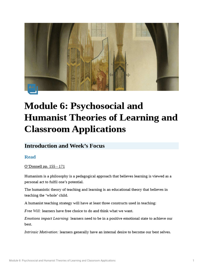 ACU Masters of Secondary Teaching: Psychosocial and Humanist Theories of Learning and Classroom ...