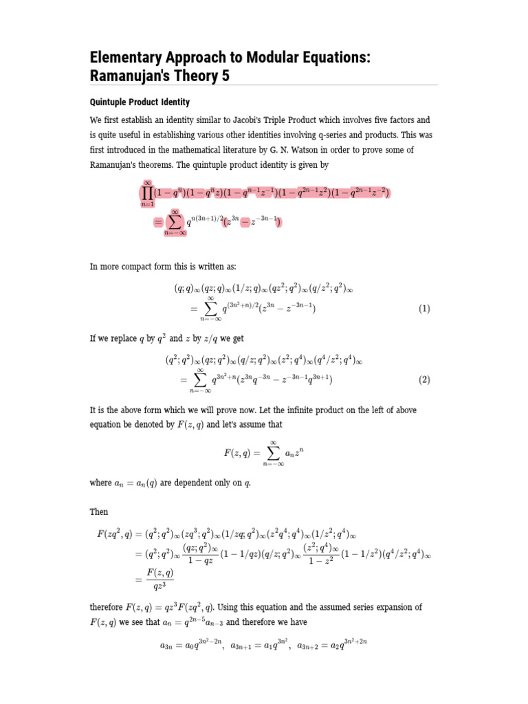 2012 02 Elementary Approach To Modular Equations Ramanujans Theory 5 Pdf Summation