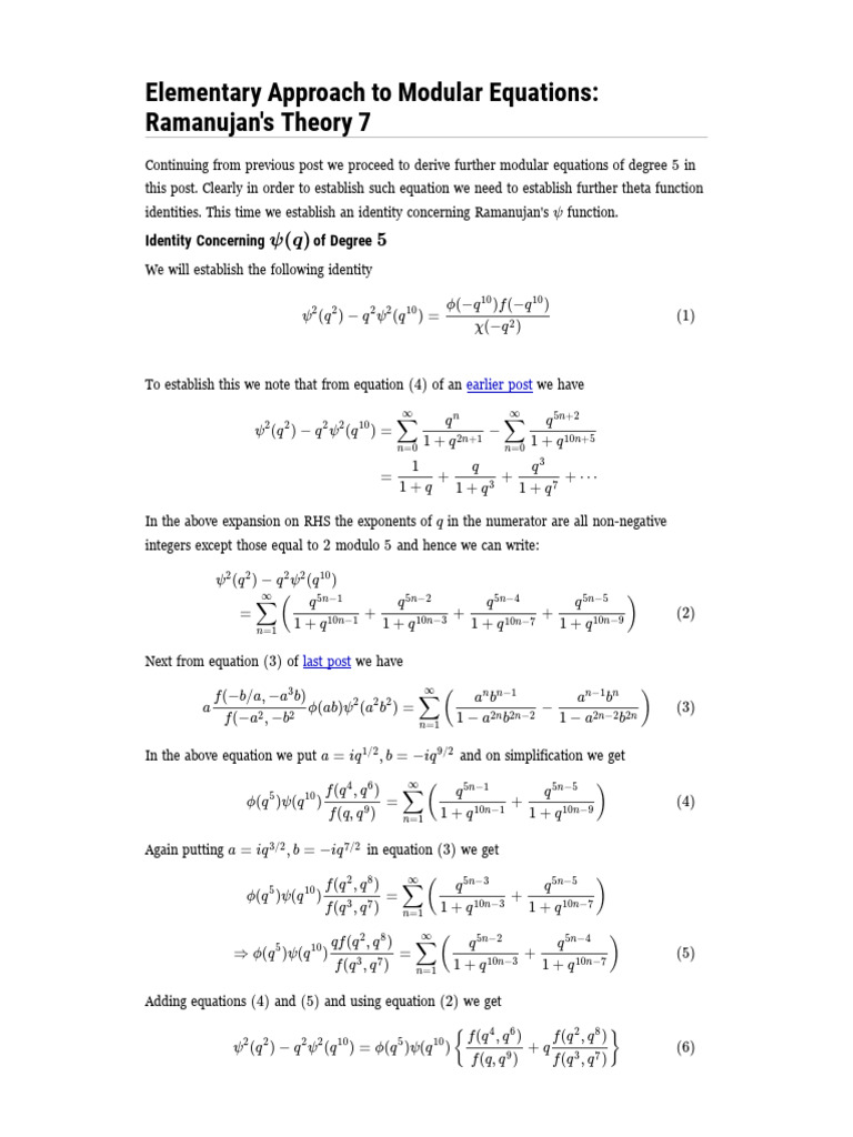 2012 03 Elementary Approach To Modular Equations Ramanujans Theory 7 Pdf Algebra