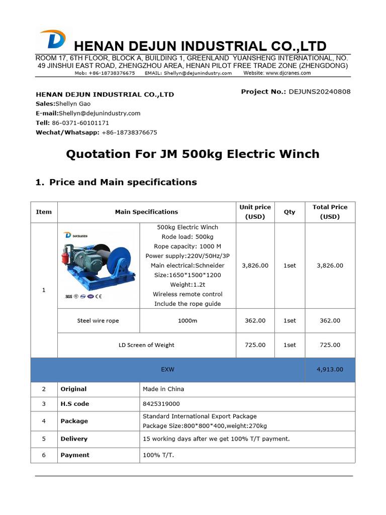 09.18 EXW Quotation for 500kg JM Electric Winch | PDF