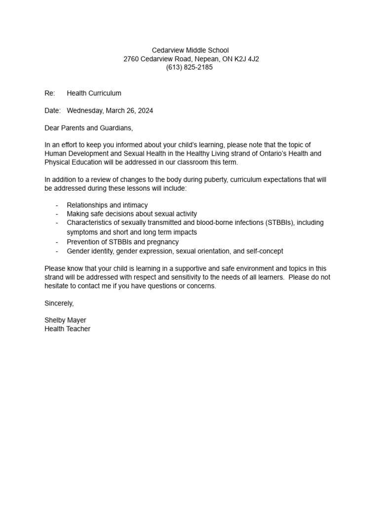 Parent - Guardian Letter - Health Curriculum | PDF