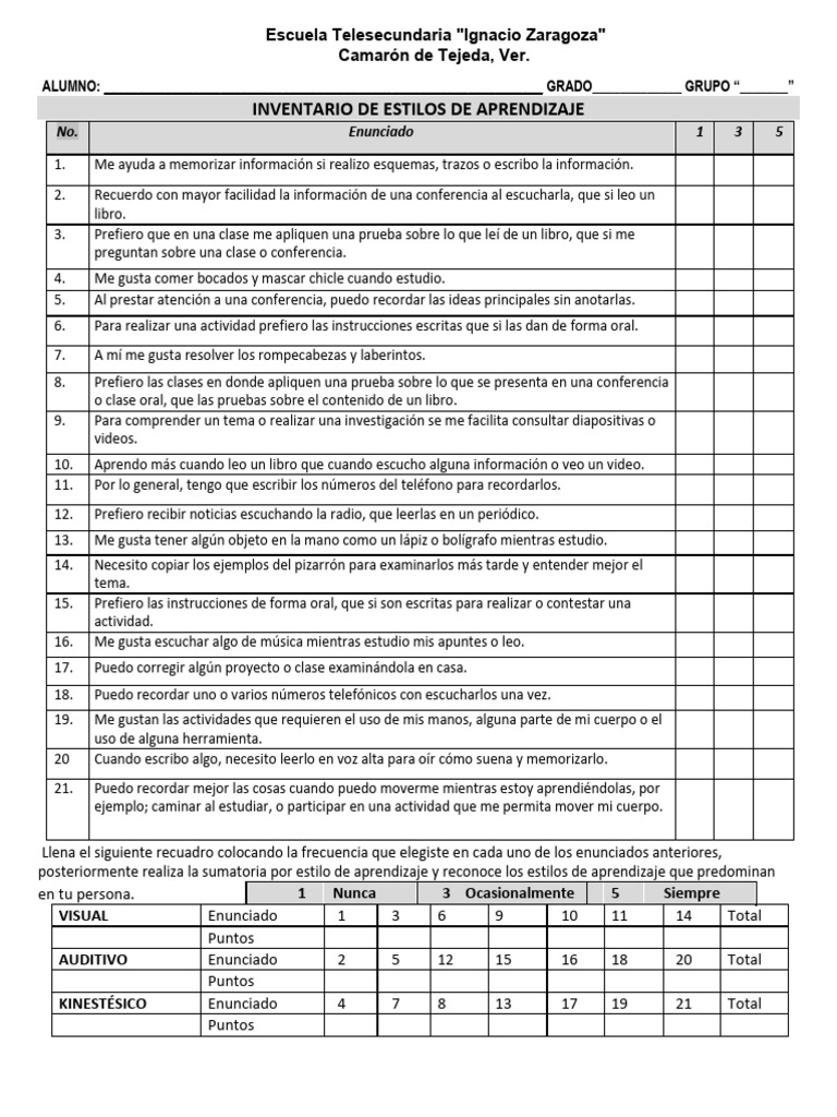 TEST VAK Estilos de Aprendizaje TECNICA 60 | PDF | Aprendizaje