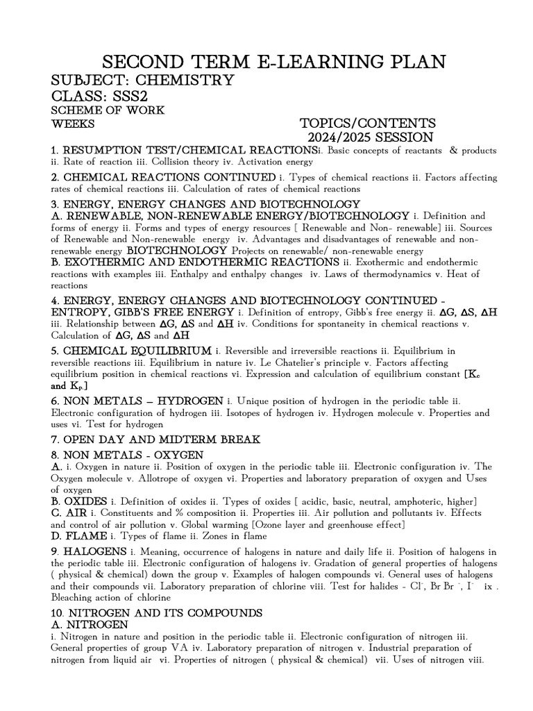 SSS2 Chemistry E-Learning Plan 2024 | PDF | Chemical Reactions | Nitrogen