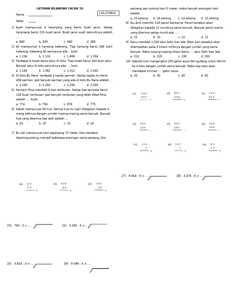 Latihan Bilangan Cacah 10 (l10) | PDF