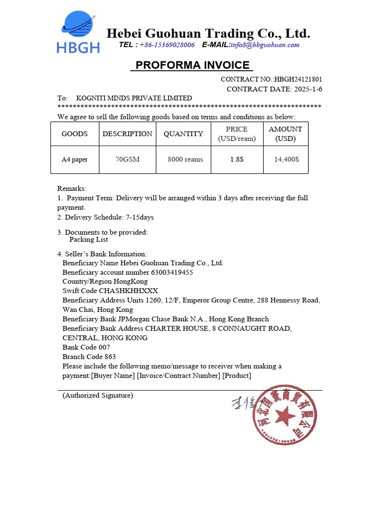 Proforma Invoice for A4 Paper Sale | PDF