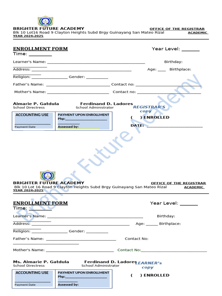 Enrollment Form Regular Grade School BFA Patiis | PDF