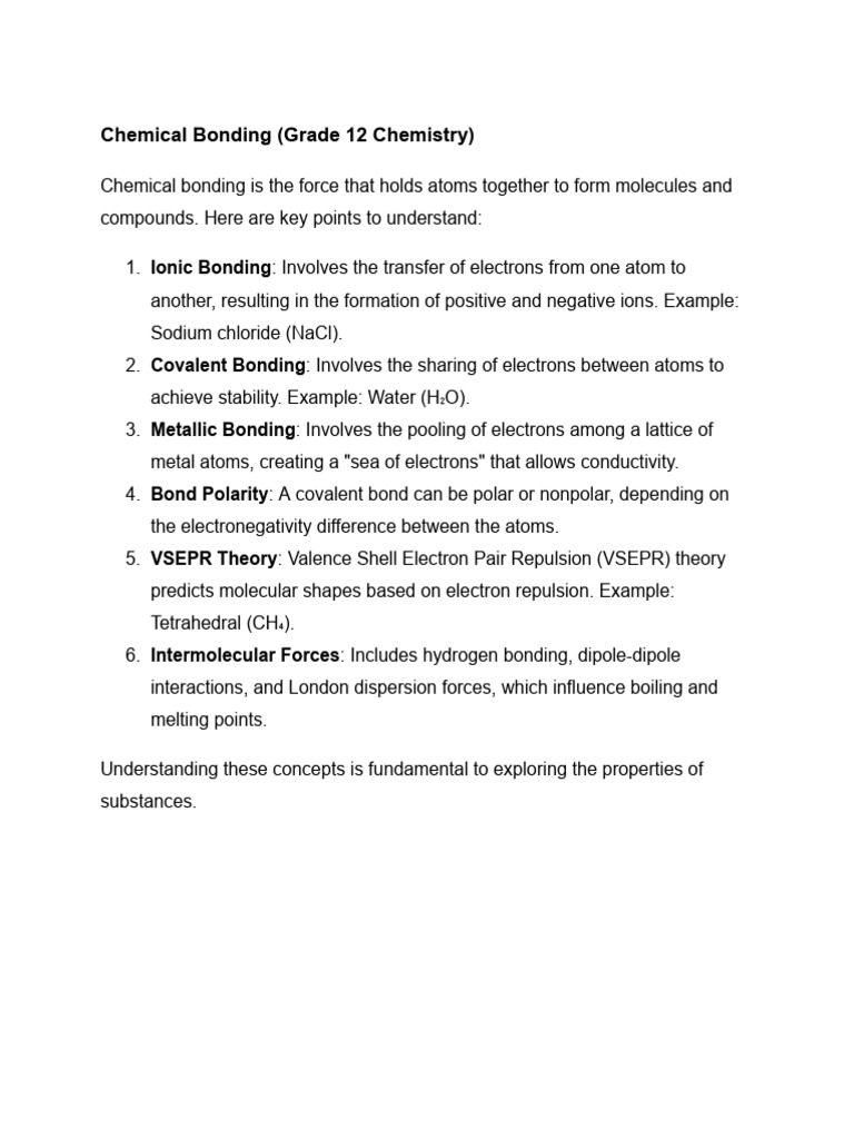 Chemical Bonding (Grade 12 Chemistry) | PDF