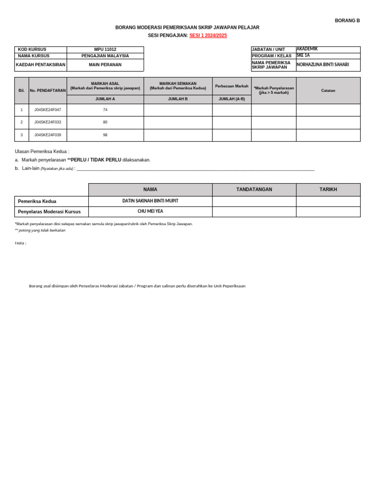 Borang B - Moderasi | PDF