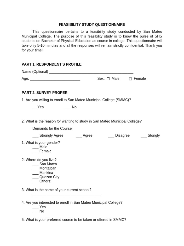 FEASIBILITY STUDY QUESTIONNAIRE | PDF