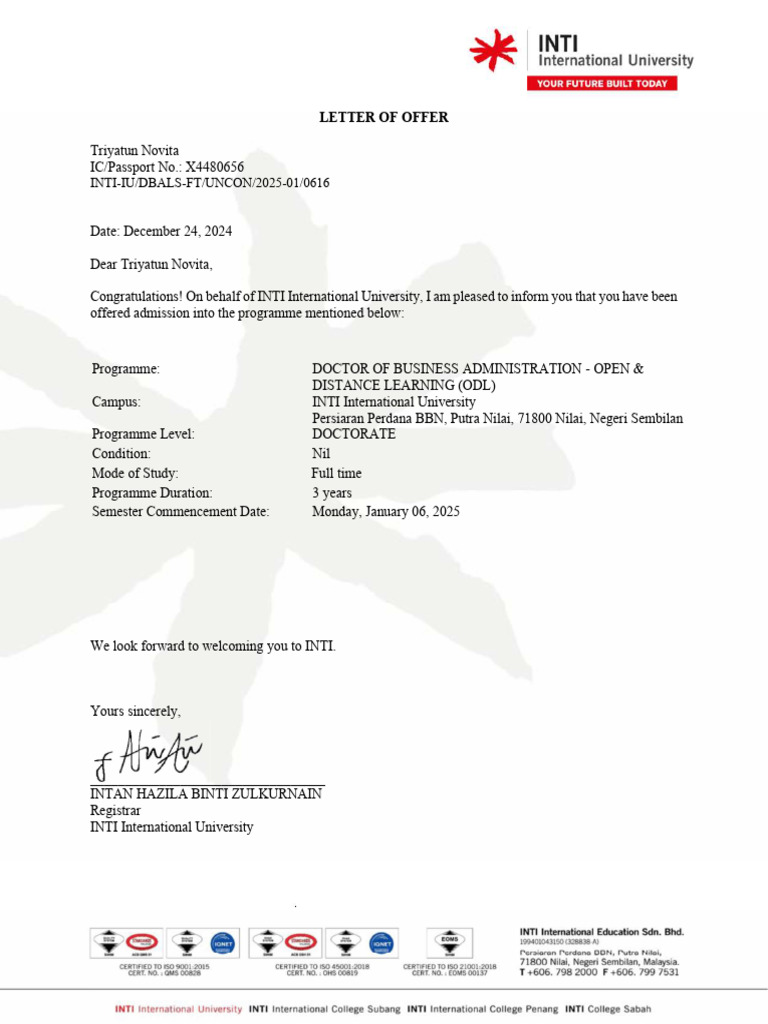 Offer Letter - Novita Triyatun | PDF