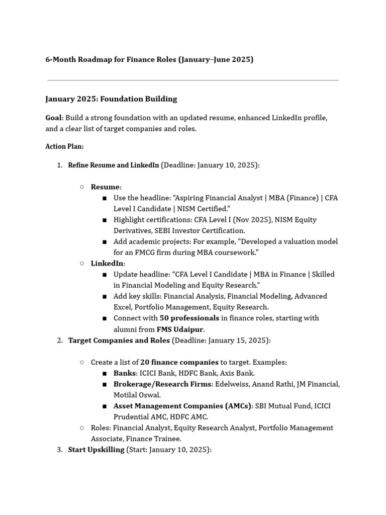 6-Month Roadmap For Finance Roles (January-June 2025) | PDF | Financial ...