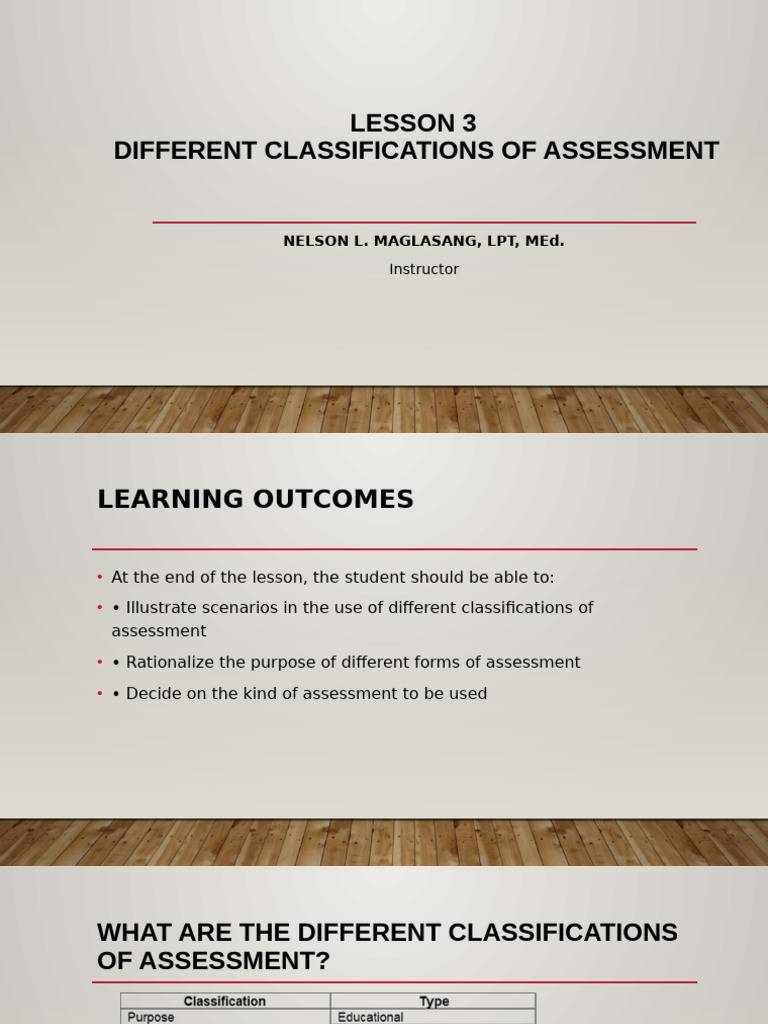 Lesson 3. Different Classifications of Assessment | PDF | Educational Assessment | Psychology