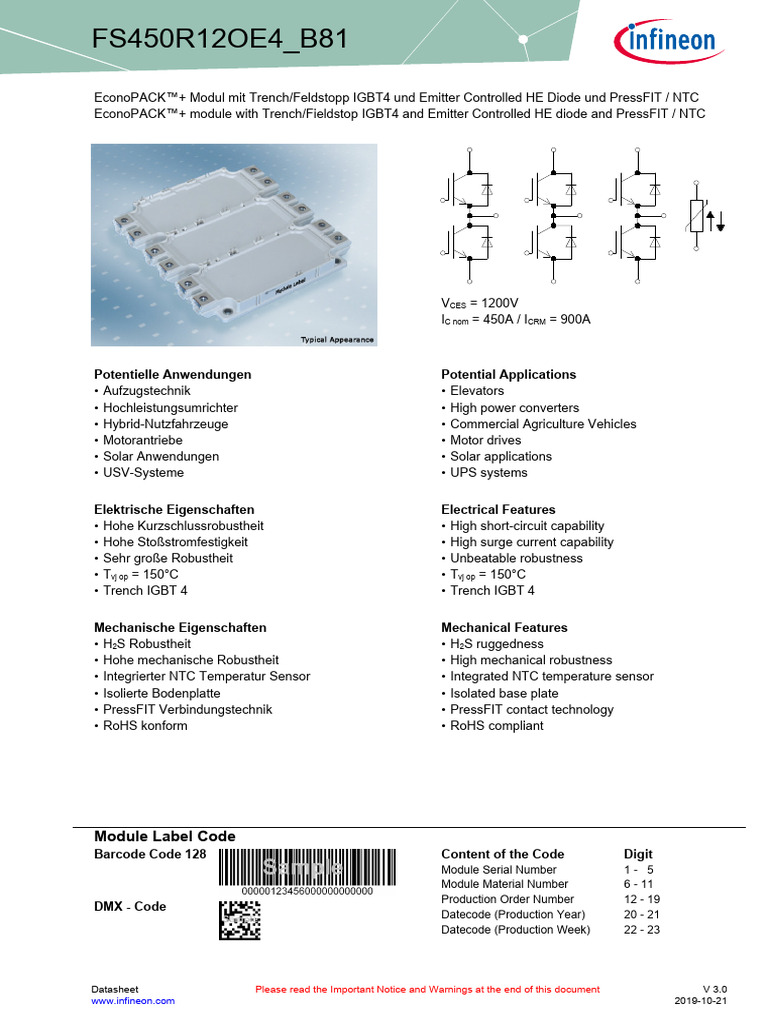 IGBTDatenblatt _ Datasheet FS450R12OE4_B81 (1) | PDF | Electrical Engineering | Electronic ...