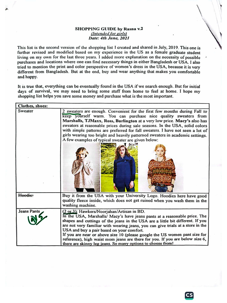 Shopping List For Girls | PDF