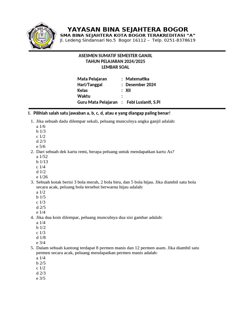 Soal STS Ganjil MTK Kelas Xii | PDF