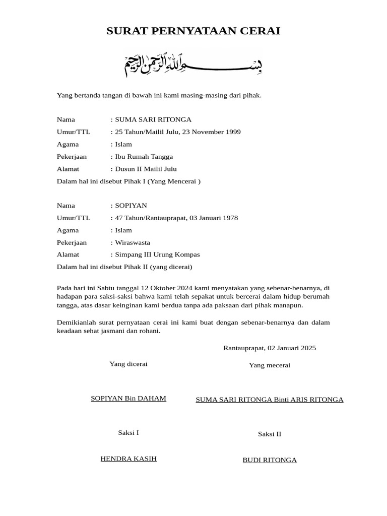 Surat Pernyataan Cerai Suma dan Sopyan | PDF