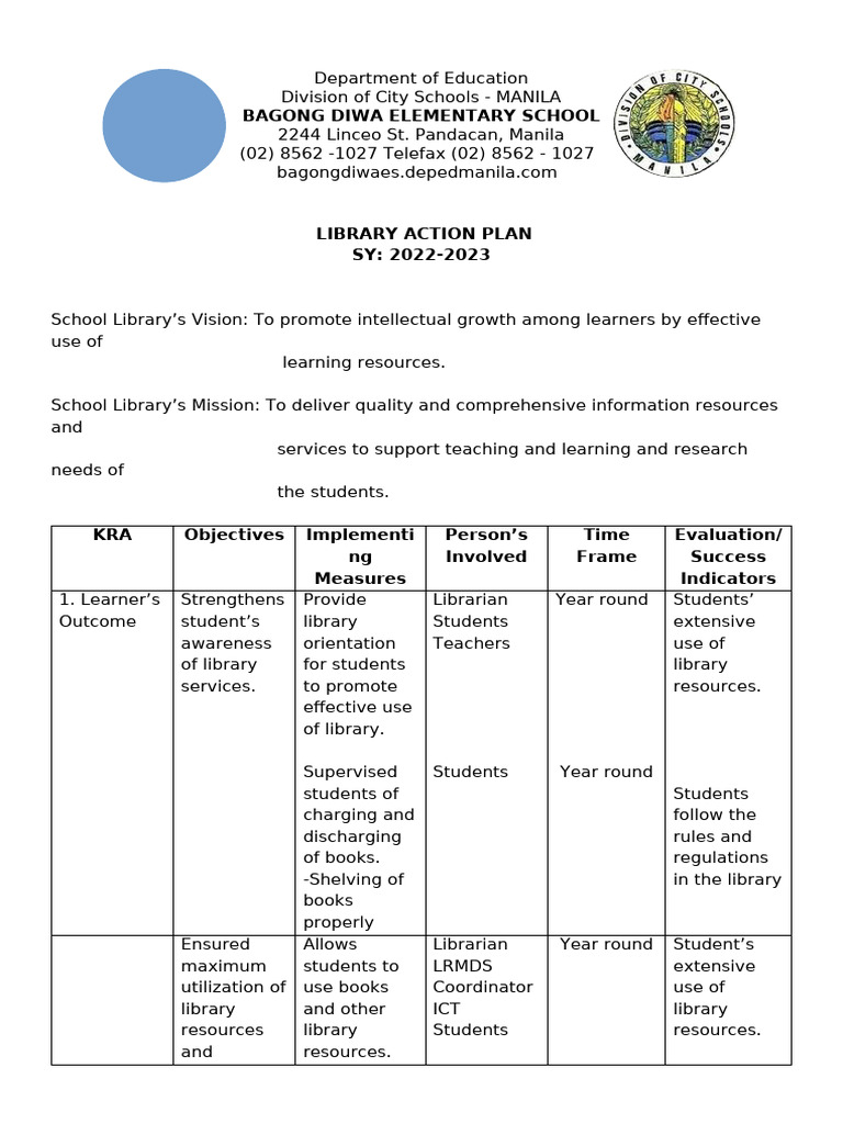 Action Plan Library 2022 2023 | PDF | Libraries | School Library