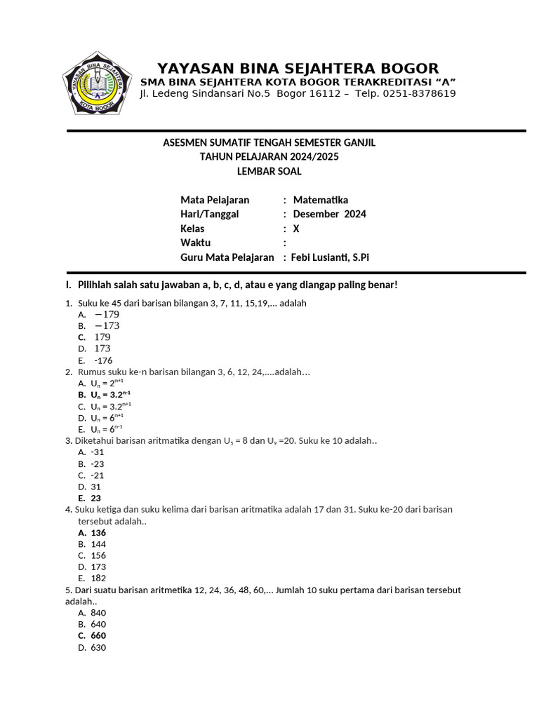 Soal MTK Kelas X ASAT 2024 | PDF