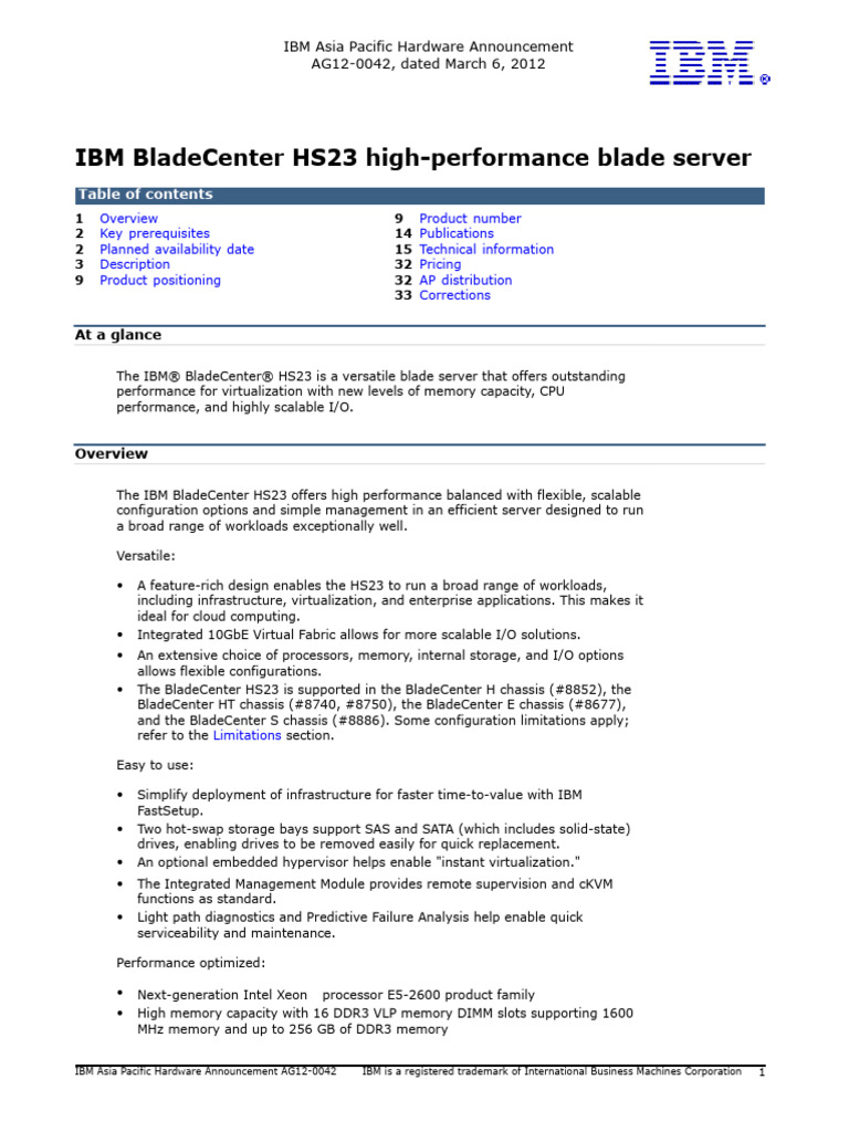 IBM BladeCenter HS23 High-Performance Blade Server | PDF | Graphics ...