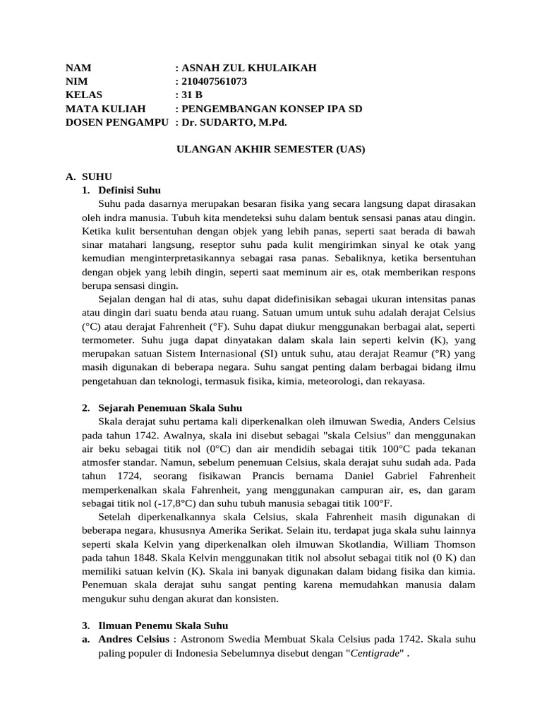 Uts - Pengembangan Konsep Ipa SD - Asnah Zul Khulaikah - 210407561073 | PDF