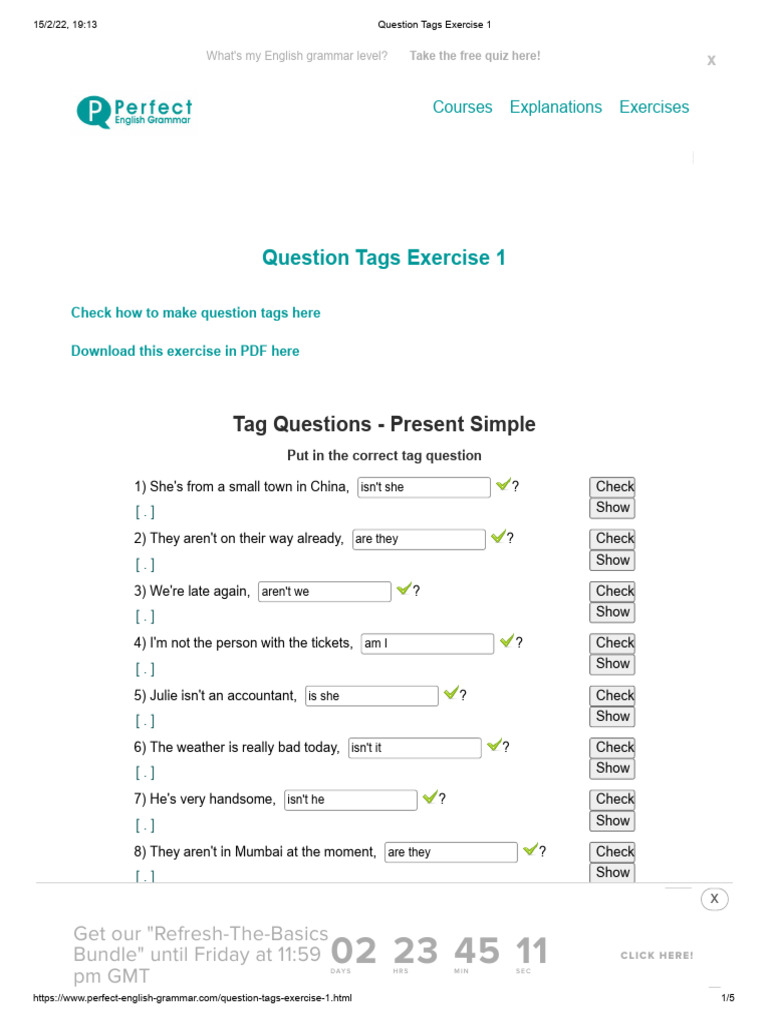 Question Tags Exercise 1 | PDF