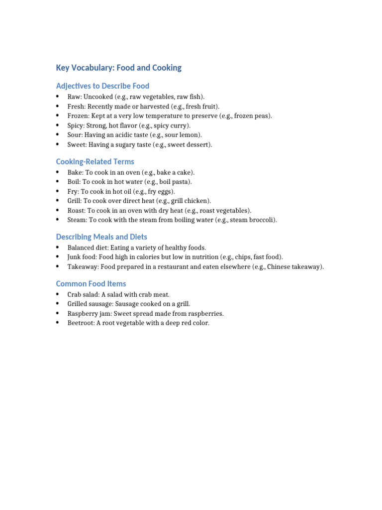 Food and Cooking Vocabulary | PDF