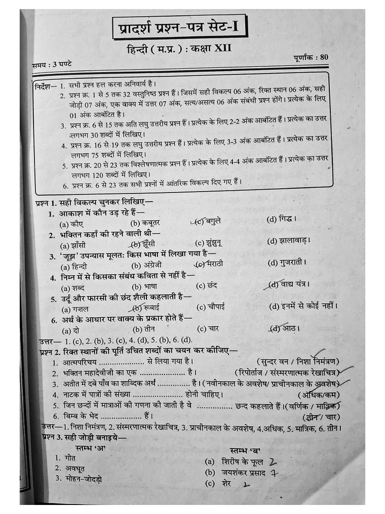 12th Hindi Pariksha Bodh Model Que Paper | PDF
