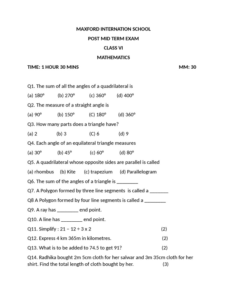 Class Vi Maths Post Mid Term | PDF