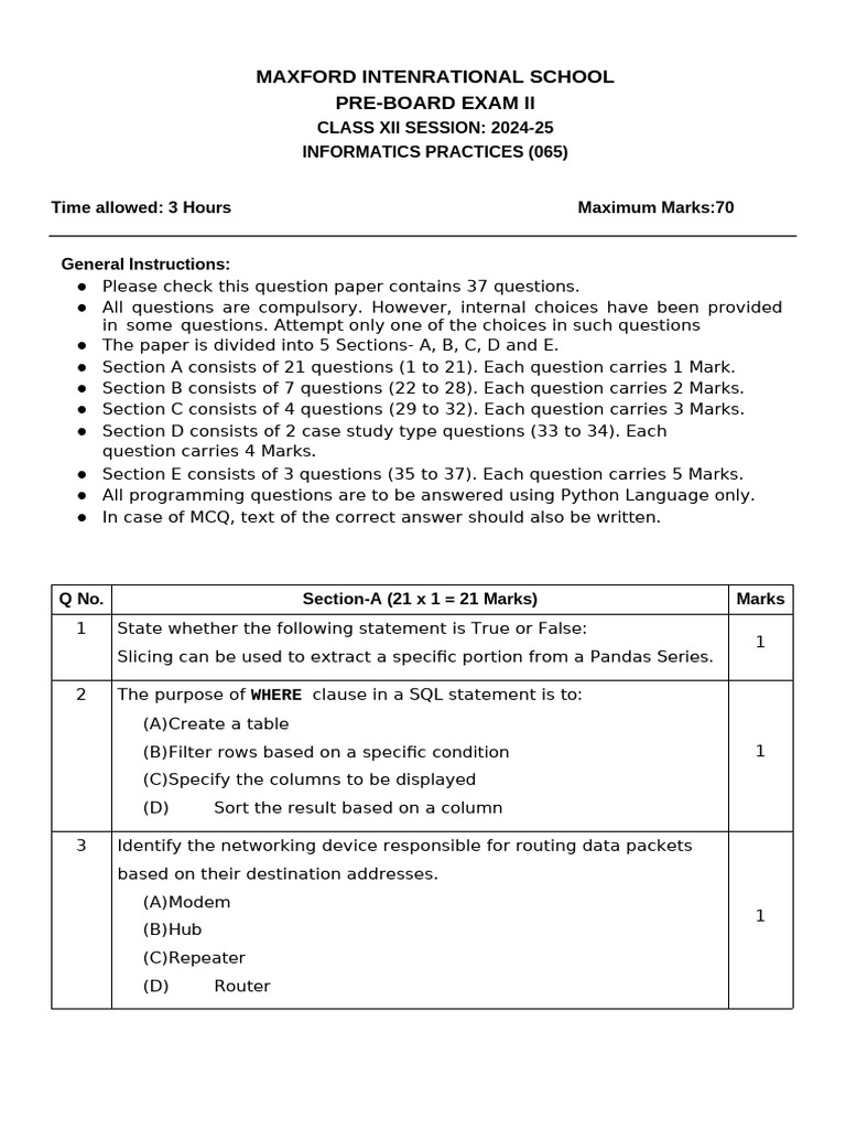 CLASSXIIPAPAERS | PDF | Table (Database) | Database Index