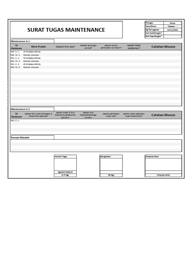 Form Kerja Maintenance | PDF