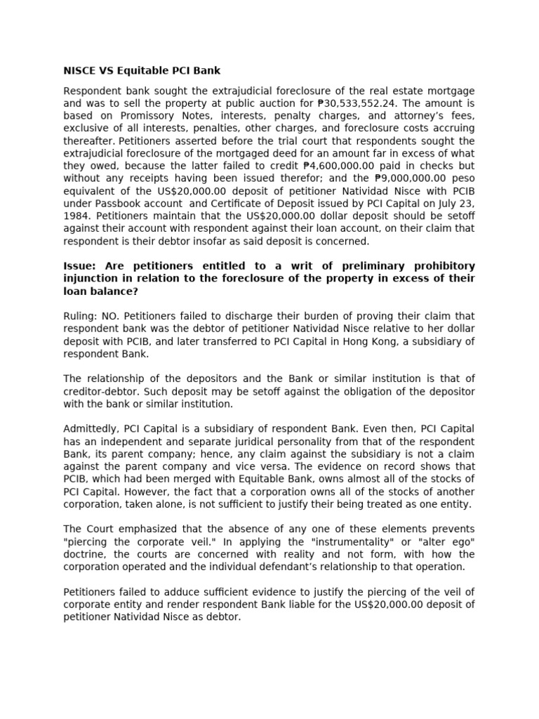 NISCE VS Equitable PCI Bank | PDF | Banks | Foreclosure