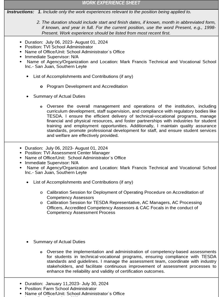 CS Form No. 212 Attachment - Work Experience Sheet | PDF | Vocational ...