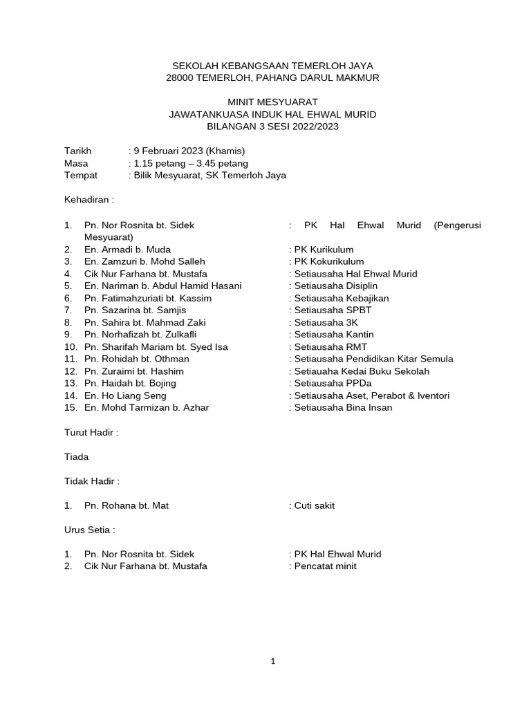 MINIT MESYUARAT HEM BIL 3 Sesi 2022-2023 | PDF