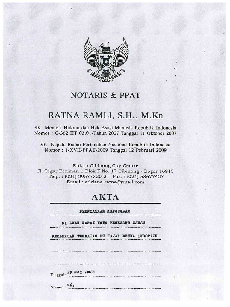 Akta Pendirian Fajar Benua Indopack | PDF