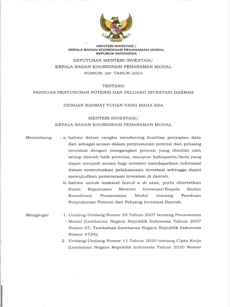 SK Menteri Investasi (Kepala Badan Koordinasi Penanaman Modal) Tentang ...