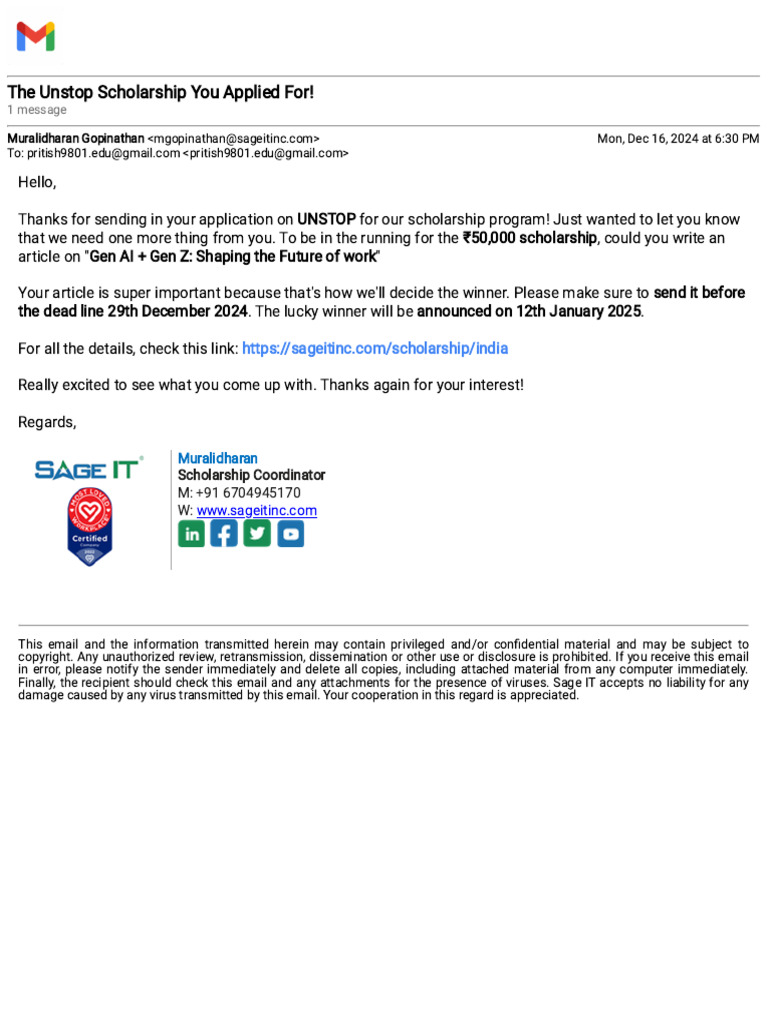 Gmail - The Unstop Scholarship You Applied for! | PDF
