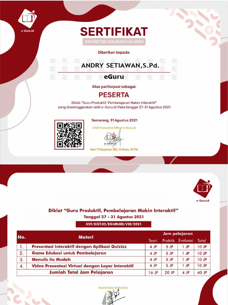 Heri Sertifikat Pelatihan Guru Produktif 40 JP ANDRY | PDF