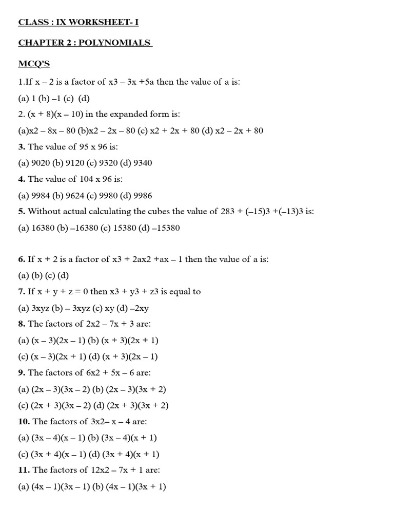 Class 9 Polynomials Worksheet | PDF